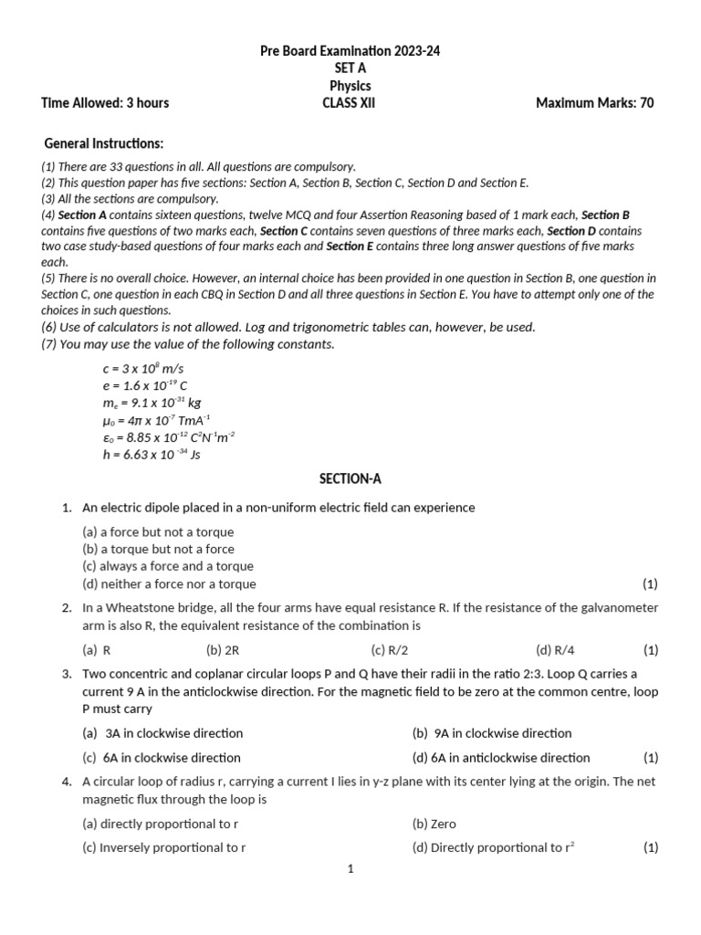 Preboard Physics 2023-24 Set A | PDF | P–N Junction | Diode