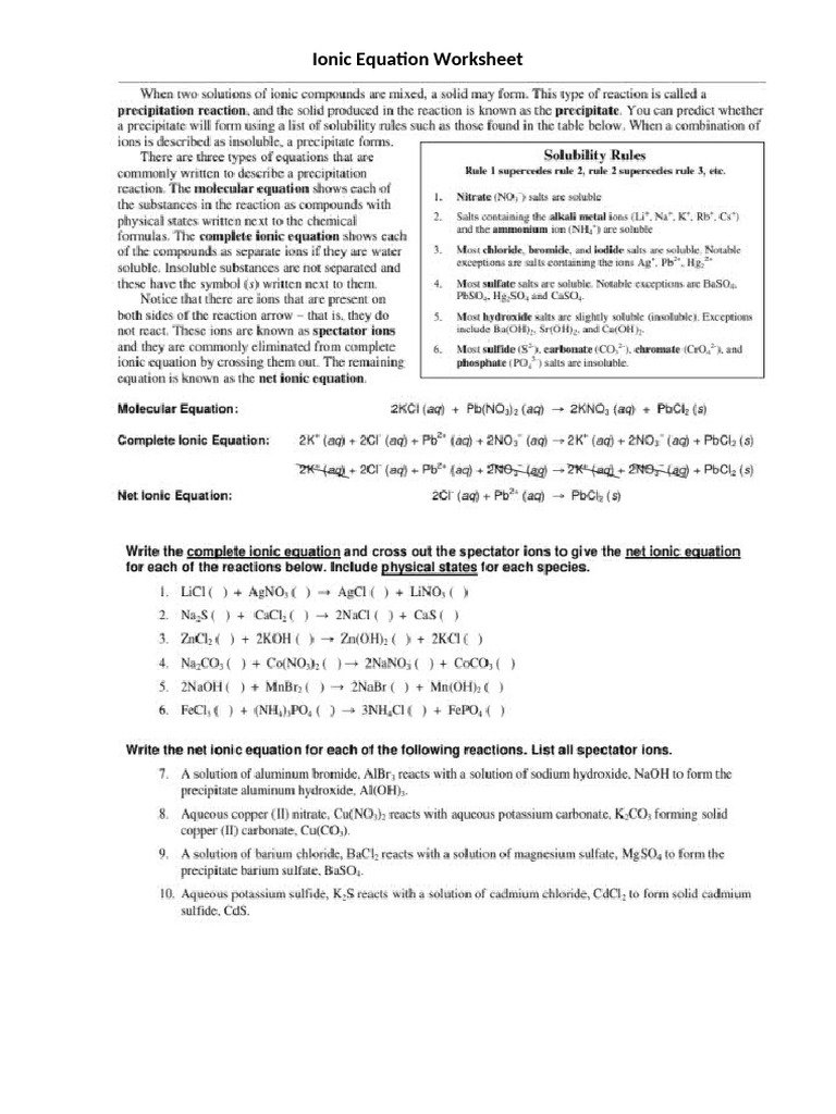 Ionic Equation Worksheet | PDF