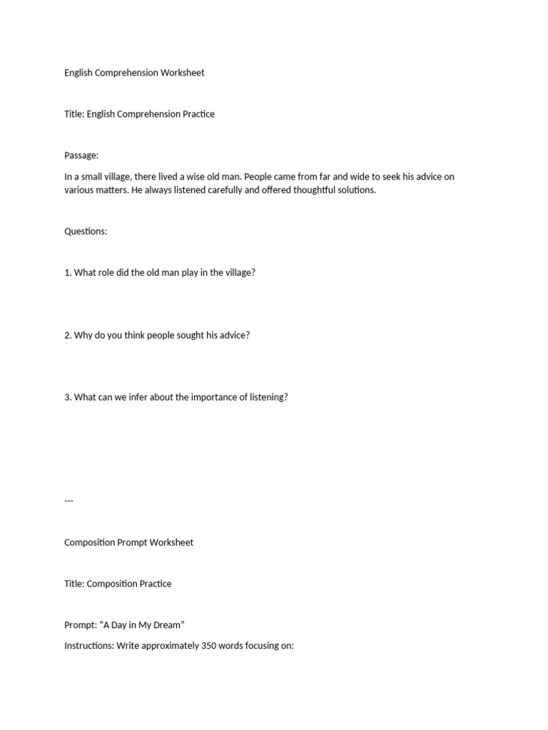 English Comprehension Worksheet | PDF | Language Arts & Discipline ...