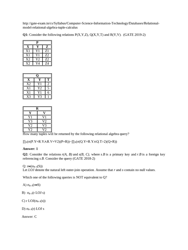 Relational Algebra Queries and Answers | PDF | Relational Model | Databases
