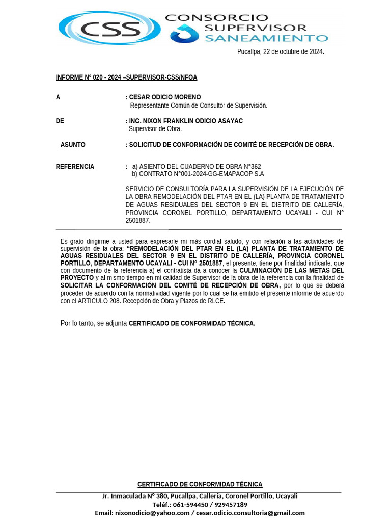Informe #020-2024-Super-Css-Noa-Recepción de Obra y Certificado de ...