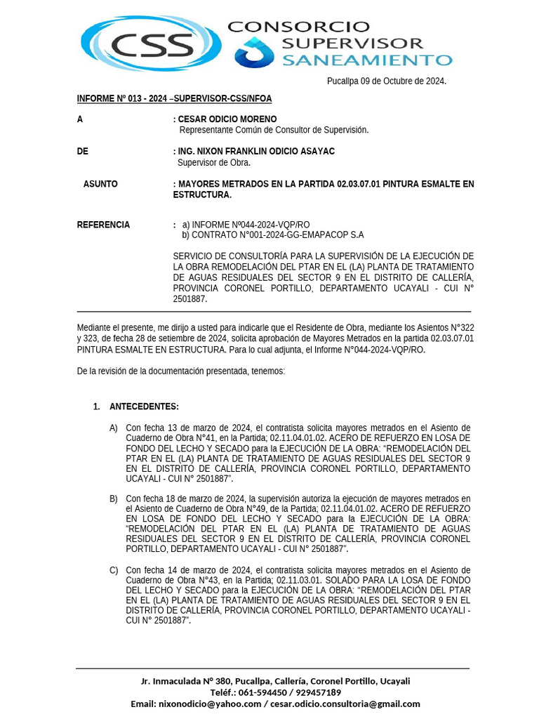 INFORME #013-2024-SUPER-CSS-NOA - Mayores Metrados en PINTURA DE ...