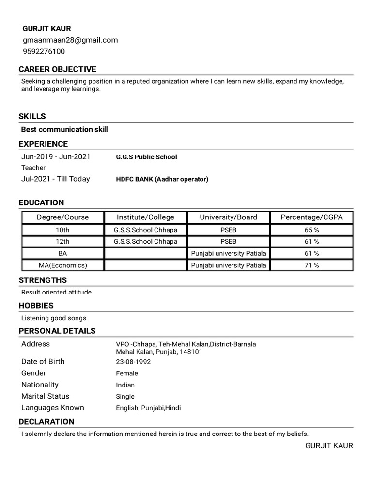 Resume - GURJIT KAUR - Format1-3 | PDF