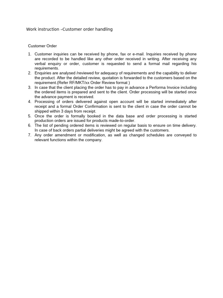 Work Instruction-customer Order Handling | PDF