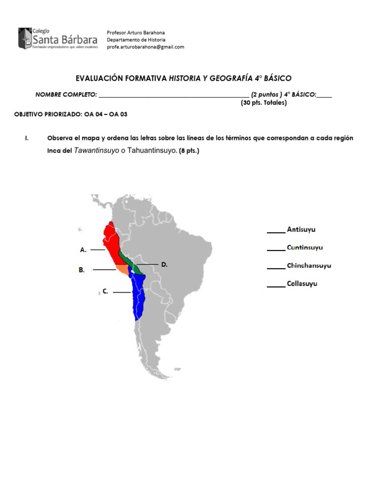 Evaluación de Historia 4° Básico: Incas y Cultivos | PDF | Ciencias ...