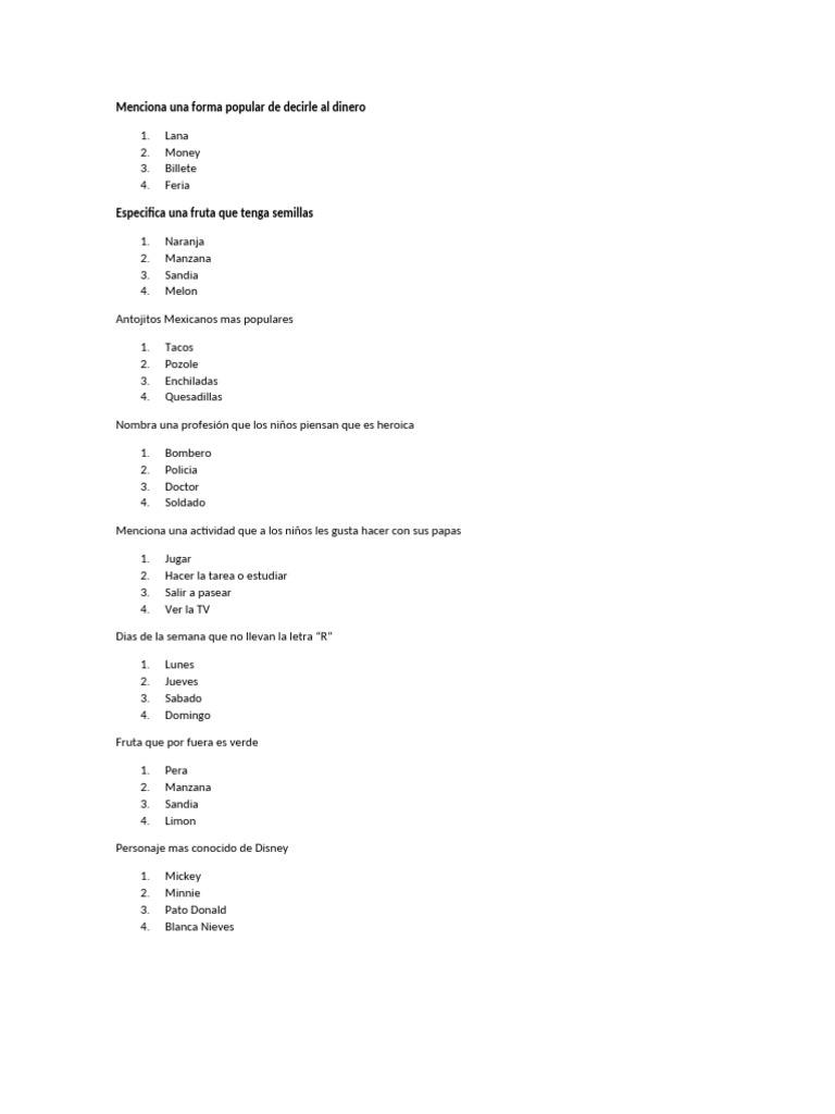 Preguntas para jugar "100 mexicanos dijeron" | PDF | Salud y bienestar