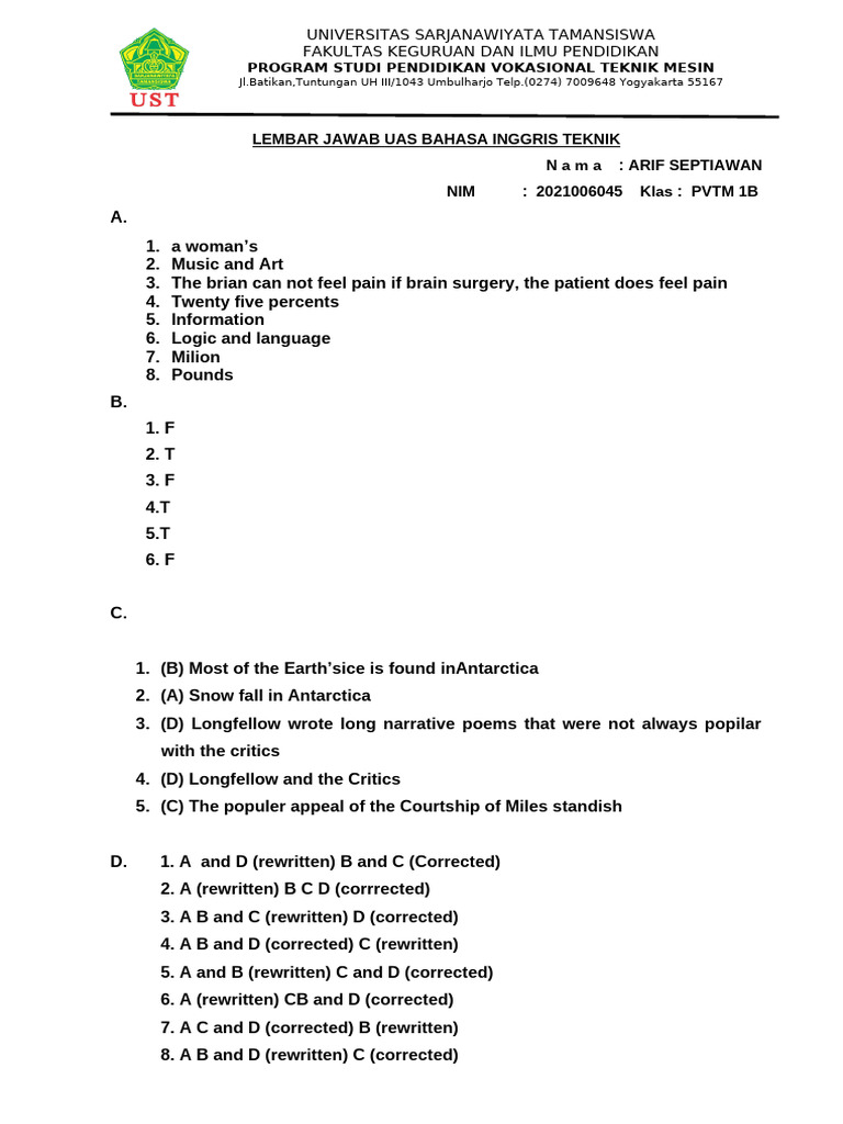 UAS English Exam Answers for PVTM 1B | PDF