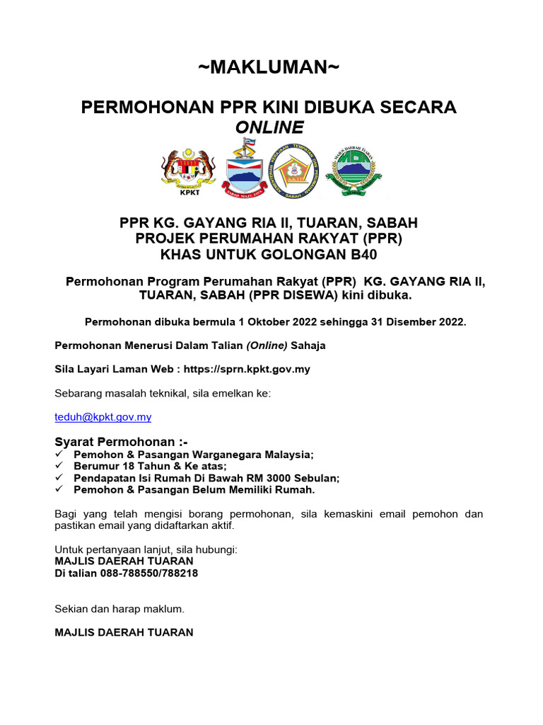 Permohonan PPR B40 Sabah Dibuka Online | PDF | Pengelolaan Keuangan & Uang