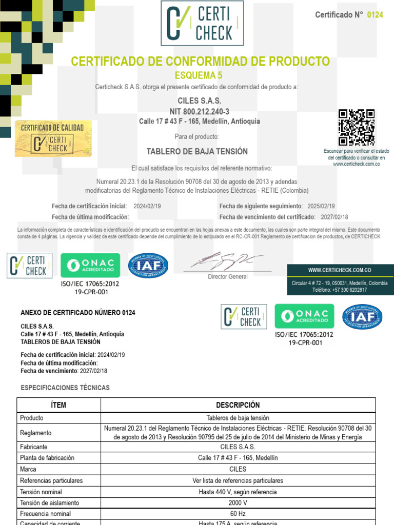 Certificado 0124 Ciles Tableros 3 | PDF | Electricidad | Ingenieria Eléctrica