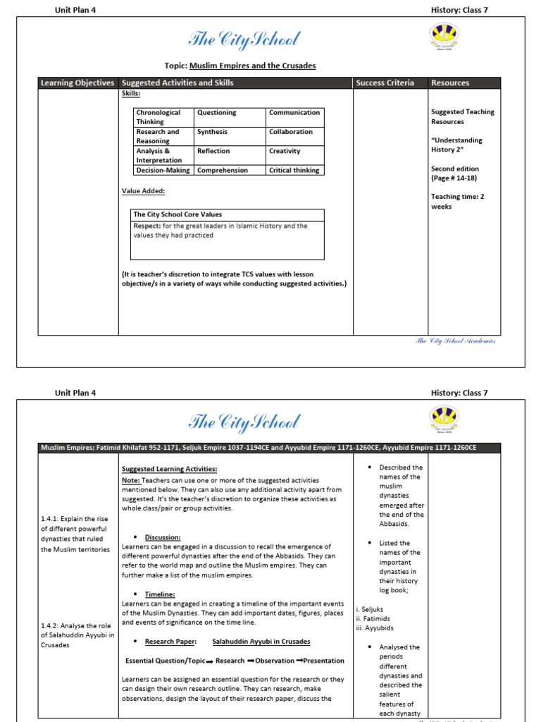 Unit Plan 4-Muslim Empires and The Crusades | PDF | Mongol Empire | Saladin
