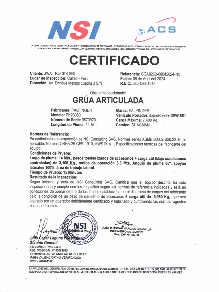Certificado de Grúa D9W881 | PDF