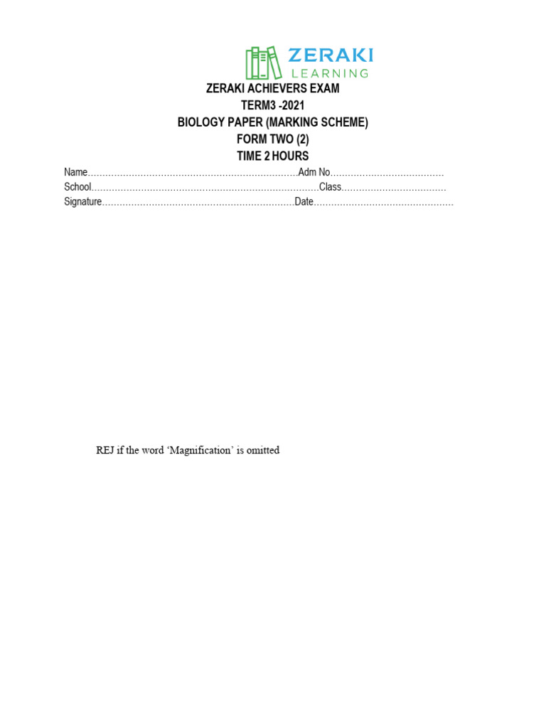 Biology Form 2 Marking Scheme Zeraki Achievers 3.0 - June 2021 | PDF ...