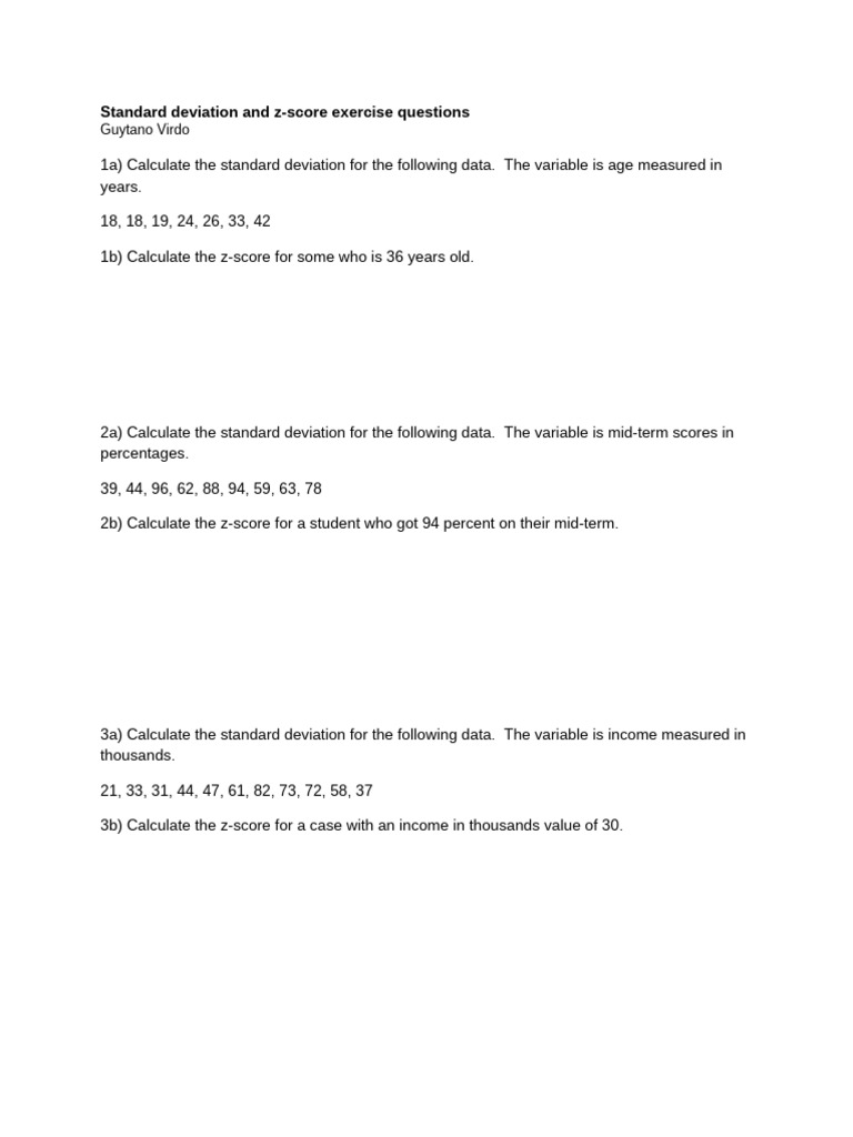 Standard Deviation and Z Score Exercises | PDF | Computers