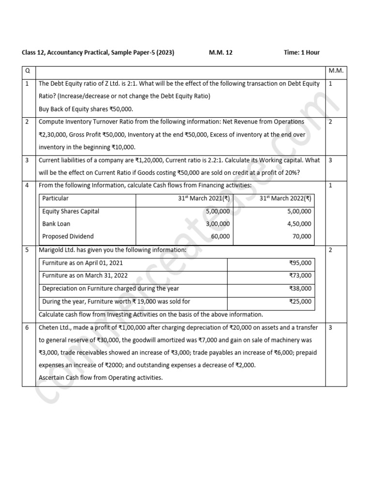 Class 12 Accountancy Practical Sample Paper 5 | PDF | Equity (Finance ...