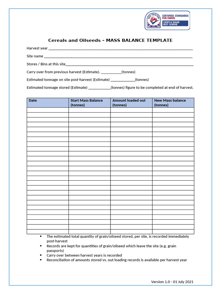 Mass Balance Template for Grains | PDF