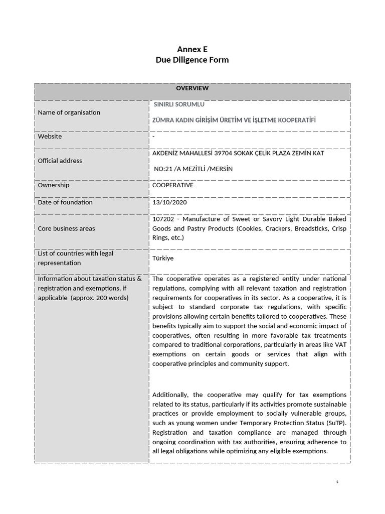 Zümra Women Cooperative Due Diligence Form | PDF | Audit | Taxes
