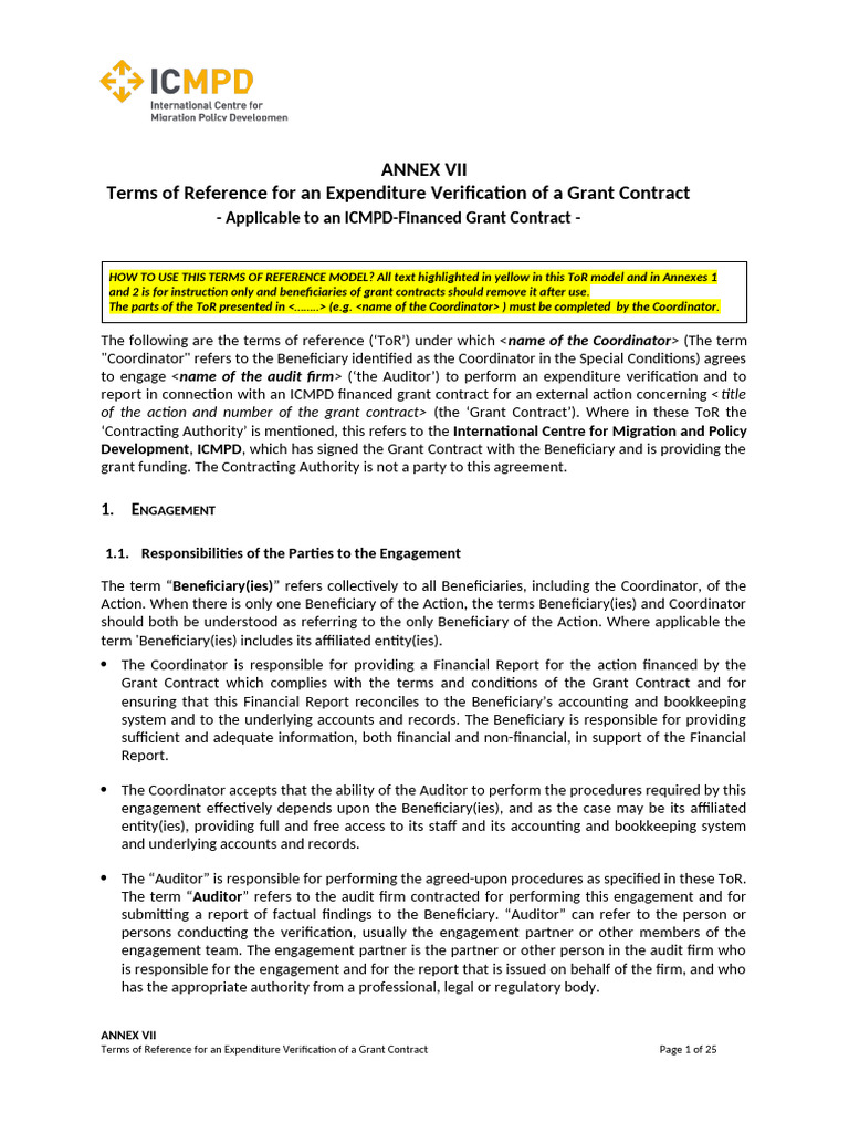 Grant Contract Annex VII TOR For Expenditure Verification | PDF | Audit | Expense