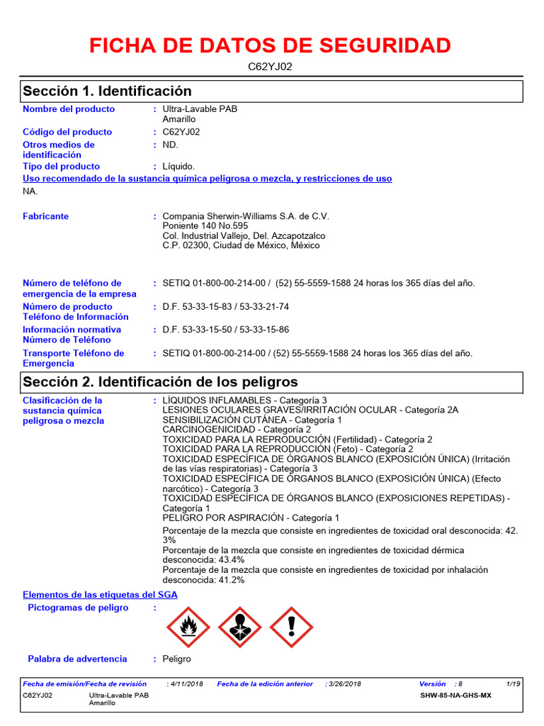 Ficha Seguridad Ultra-Lavable PAB | PDF | Toxicidad | Agua