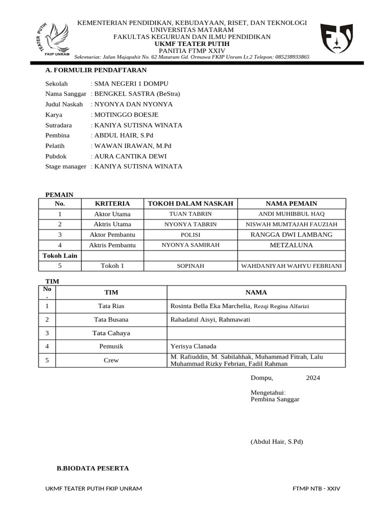 Formulir Pendaftaran FTMP 2024 | PDF