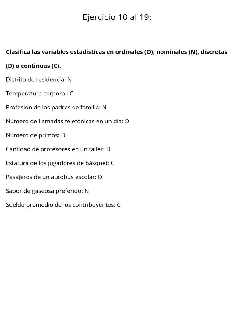 Ejercicio 10 Al 19:: Clasifica Las Variables Estadísticas en Ordinales ...