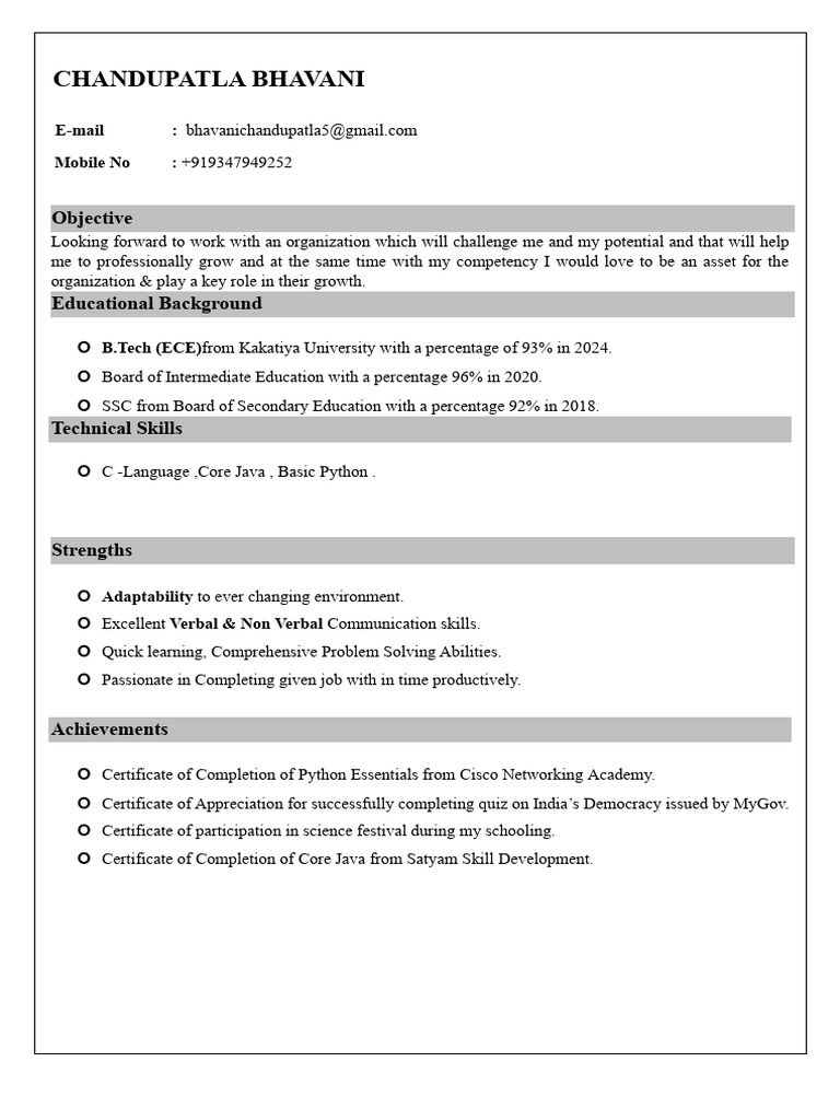 Bhavani Chandupatla Resume | PDF | Gesture | Communication