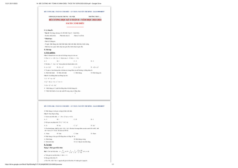 14. ĐỀ CƯƠNG HK1 TOÁN 8 CÁNH DIỀU. THCS TÂY SƠN 2023-2024.pdf - Google Drive | PDF