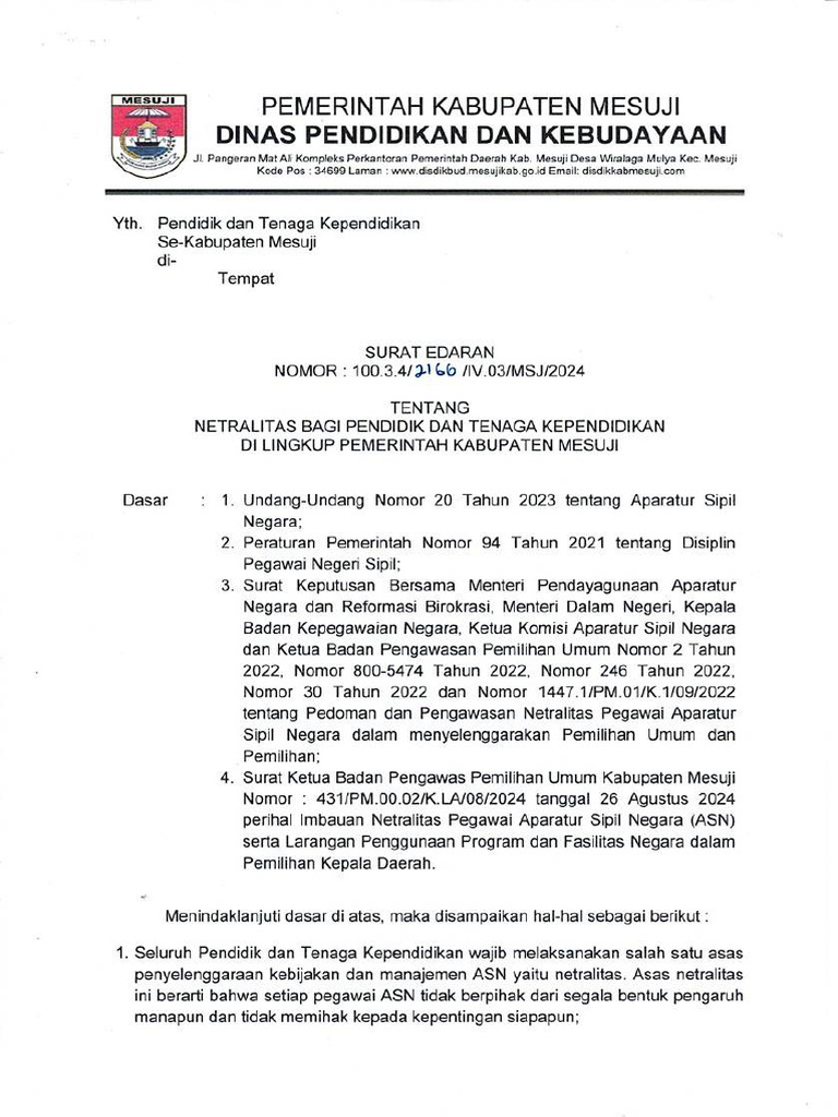 SE Netralitas Pendidik Dan Tenaga Kependidikan Kab. Mesuji | PDF