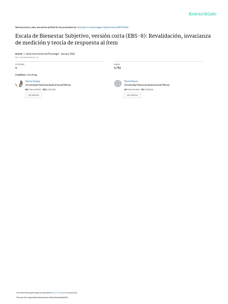 Escala de Bienestar Subjetivo, Versión Corta (EBS-8) : Revalidación, Invarianza de Medición y ...