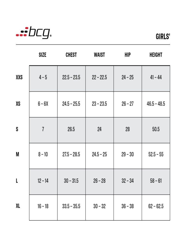 Girls' Size Chart for BCG Clothing | PDF