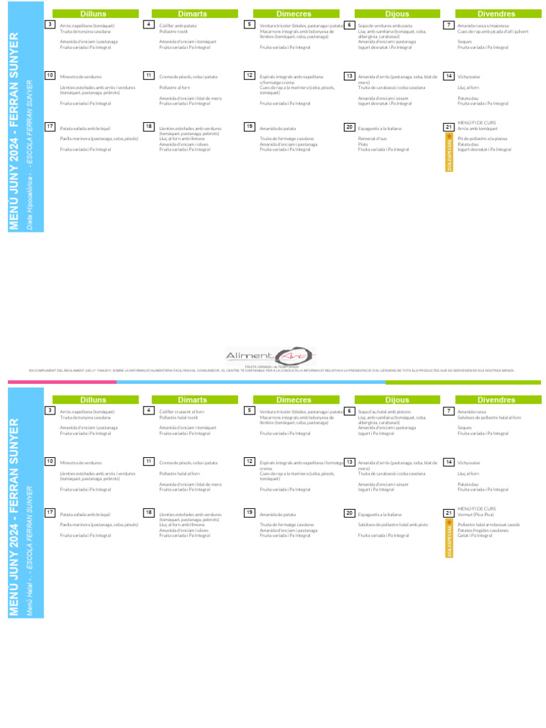 Menús Derivades Juny 2024 - Ferran Sunyer | PDF