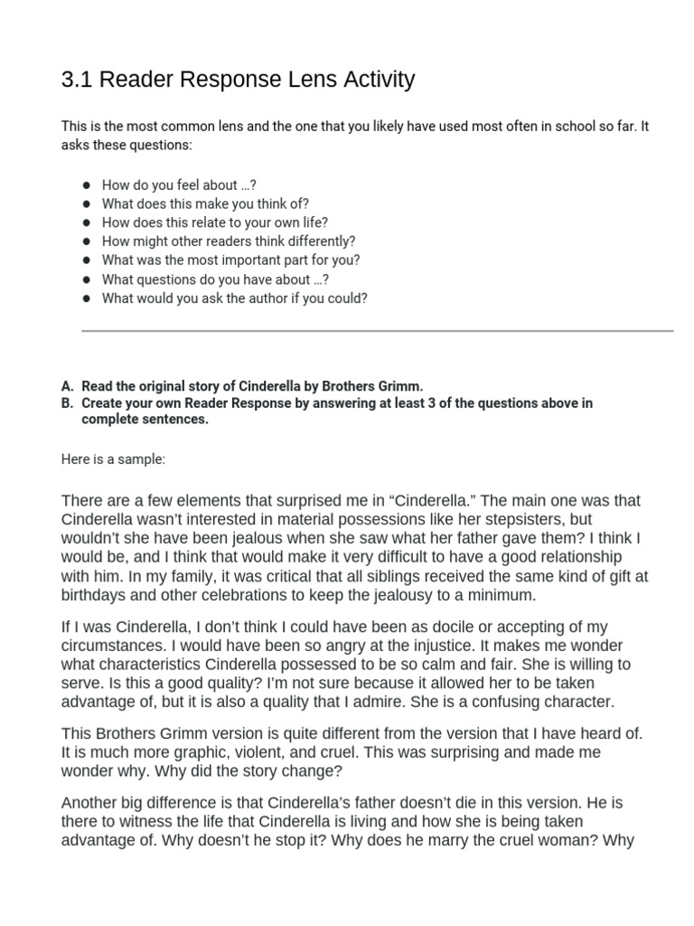 3.1 Reader Response Lens Activity | PDF