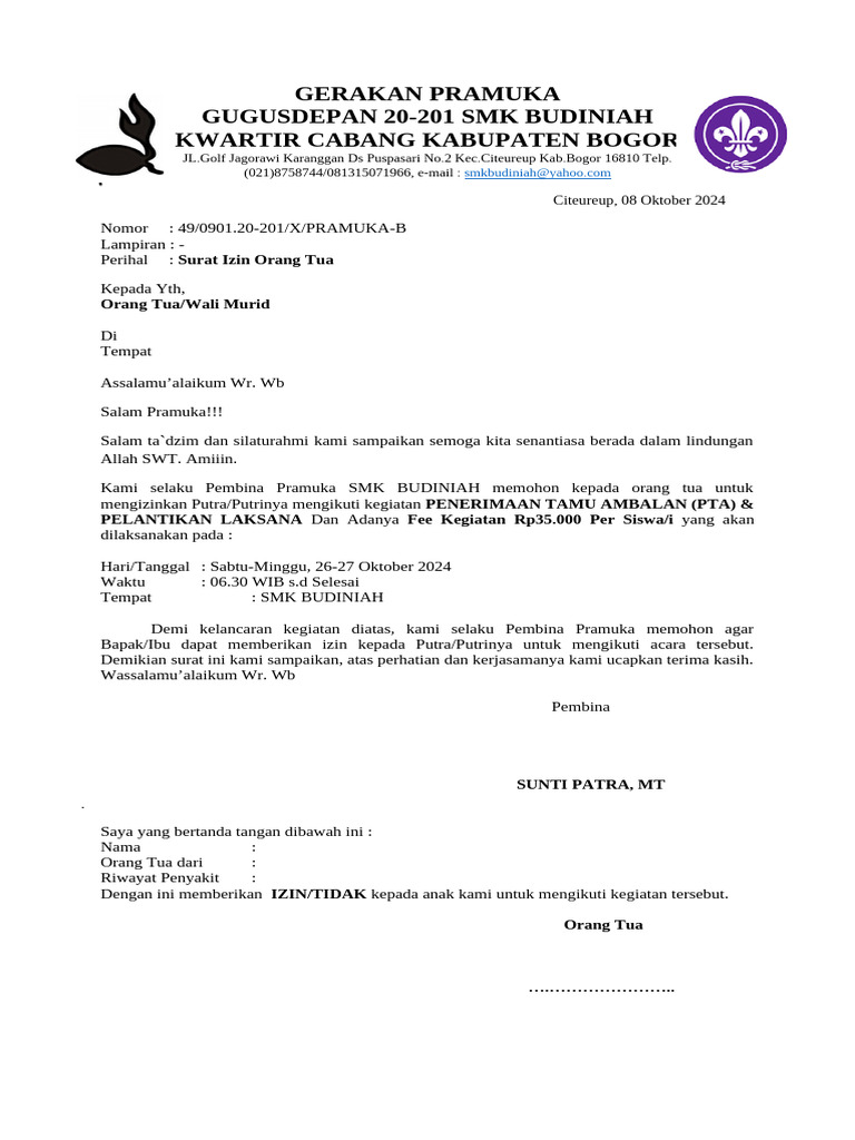 Surat Izin Orangtua Kegiatan Pta STM Putra | PDF | Kesehatan Holistik