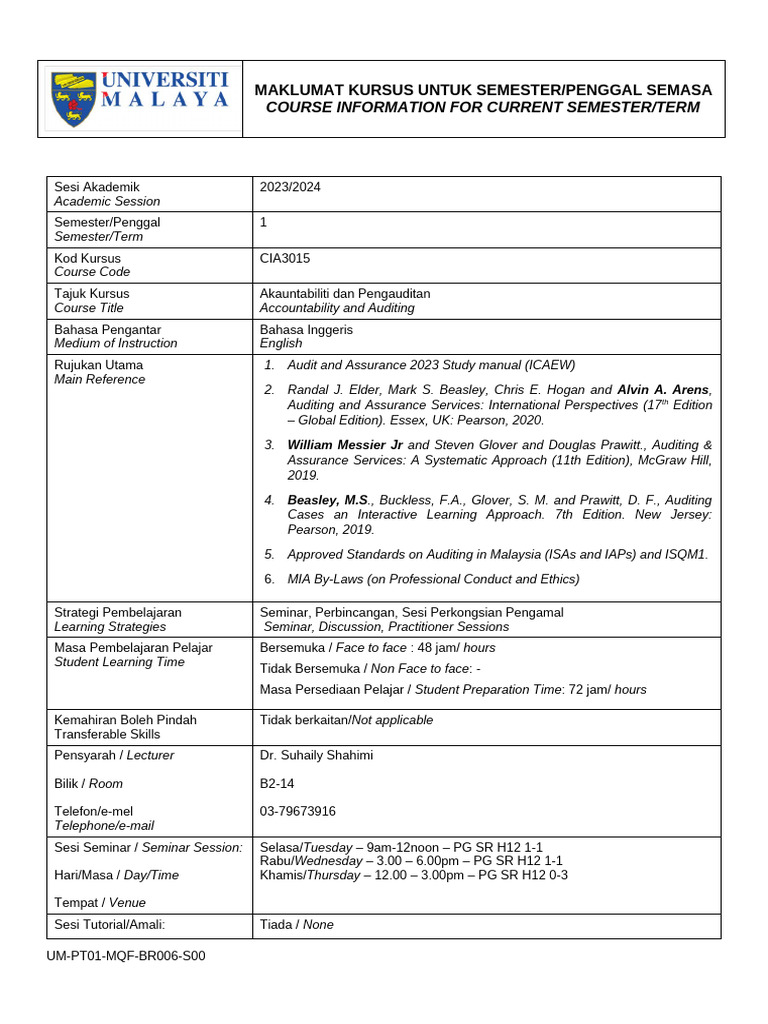 B6 - CIA3015 CourseInfo - Revised - Sem1 2023 - 24 | PDF | Audit | Auditor's Report
