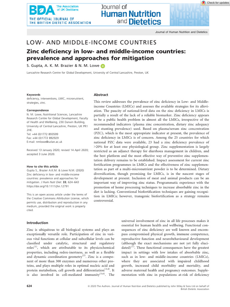 J Human Nutrition Diet - 2020 - Gupta - Zinc Deficiency in Low and ...
