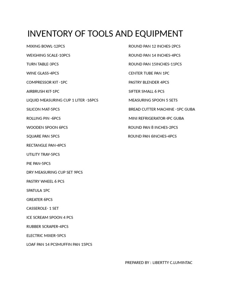 Inventory of Tools and Equipment | PDF