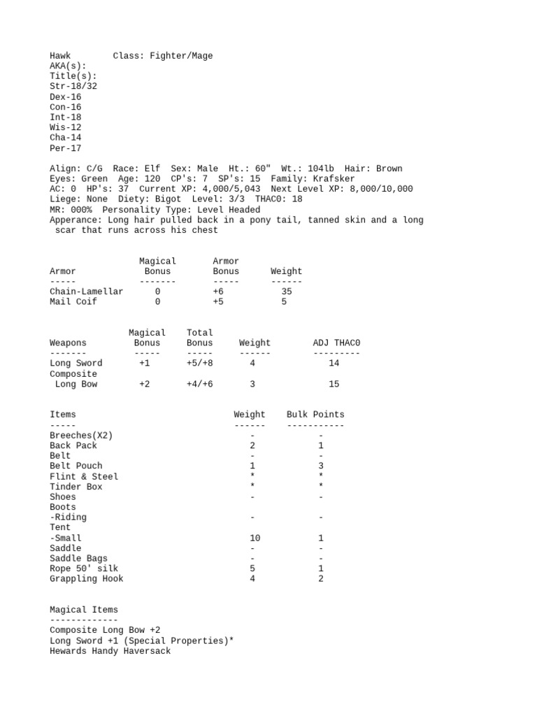 Hawk Stat Sheet | PDF | Sword