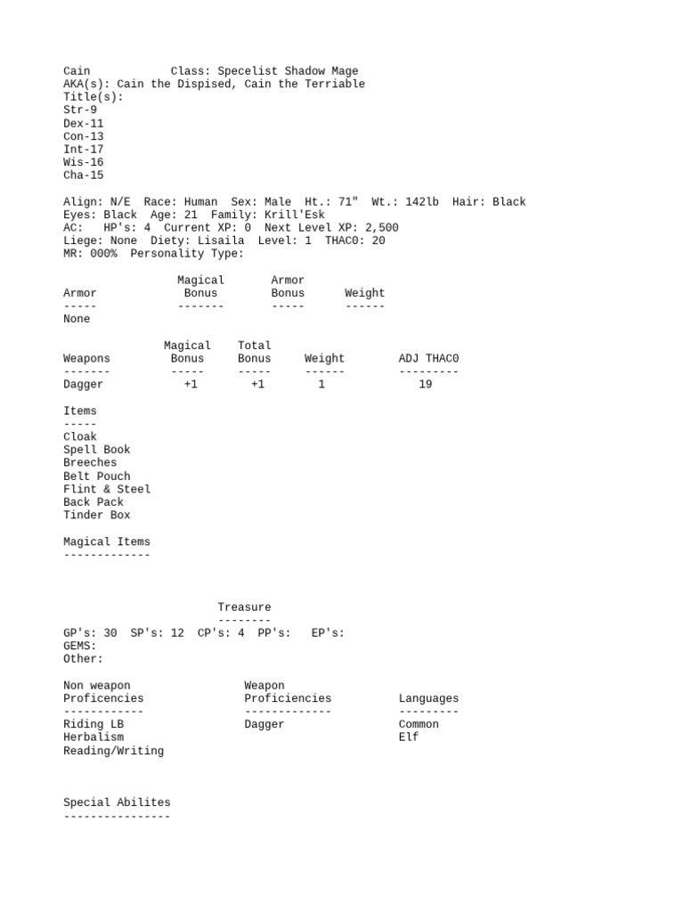 Cain the Shadow Mage Character Profile | PDF