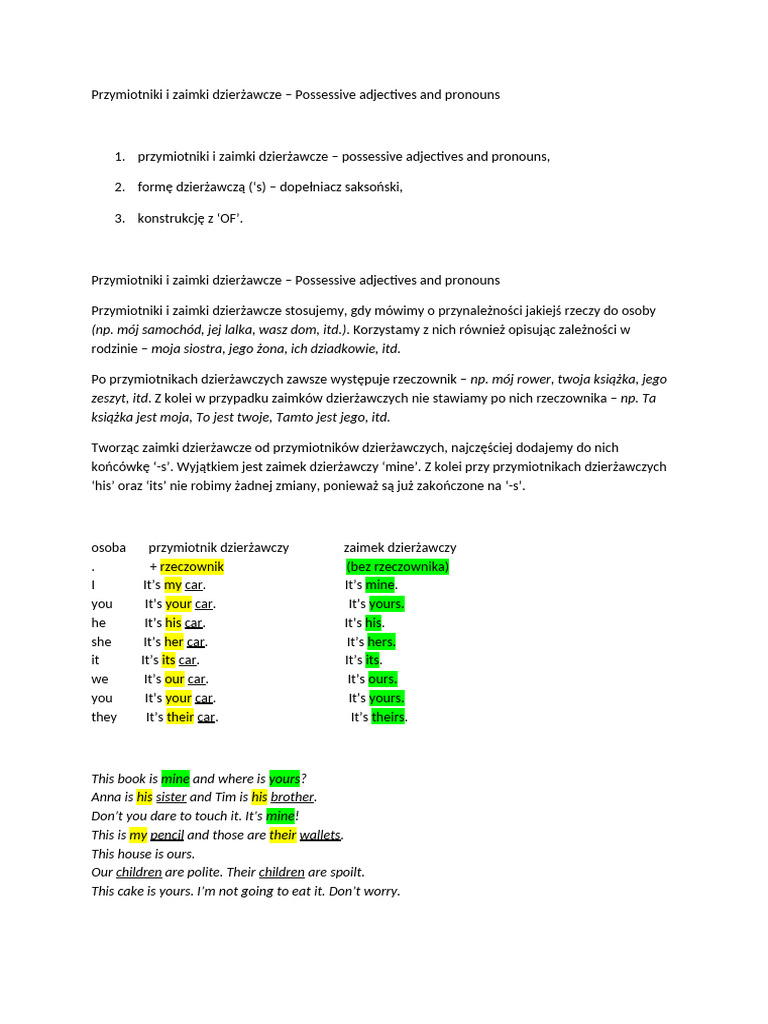 Przymiotniki I Zaimki Dzierżawcze | PDF