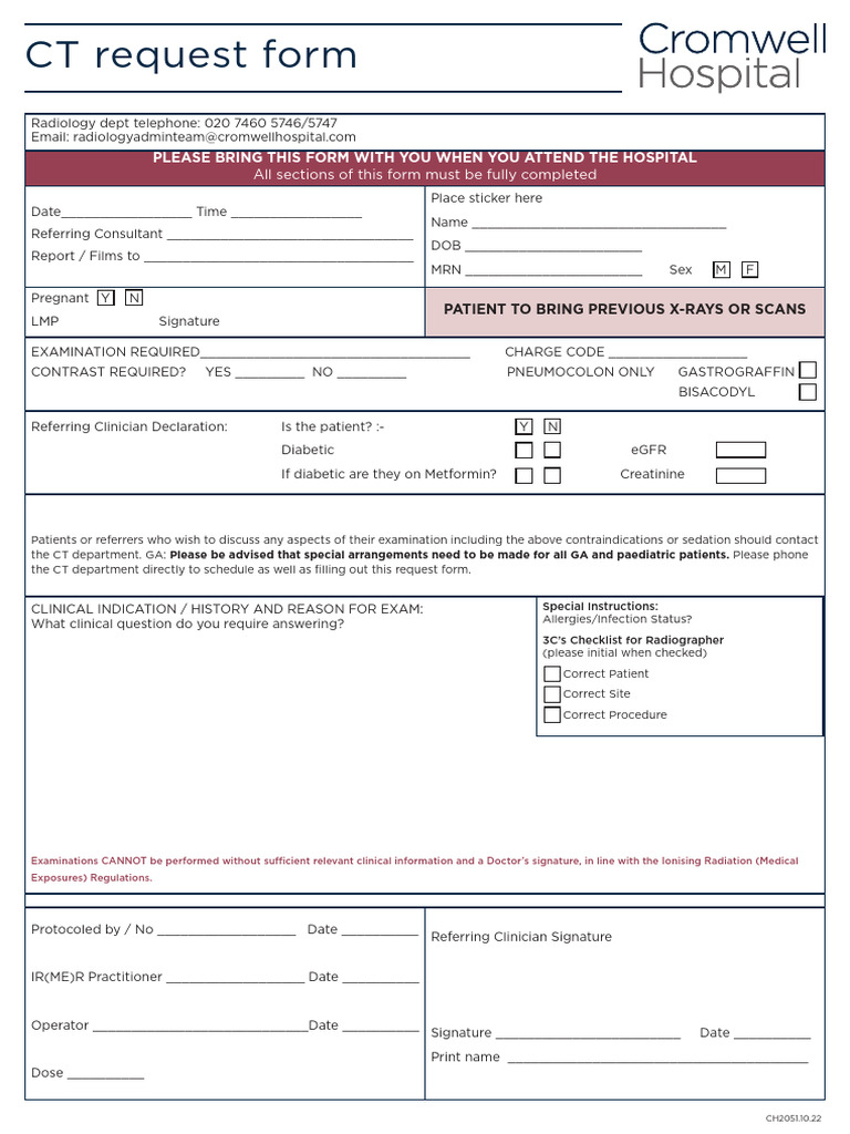 CH2051.10.22 CT Request Form | PDF | Radiology | Ct Scan