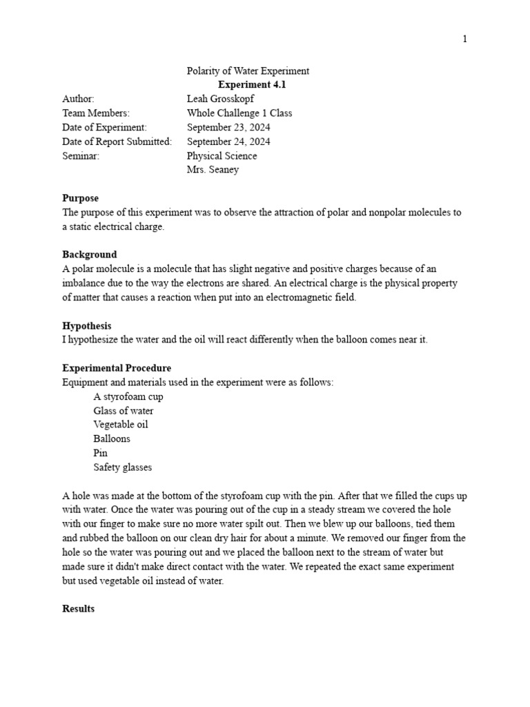 Water vs. Oil Polarity Experiment | PDF | Electric Charge | Chemical ...