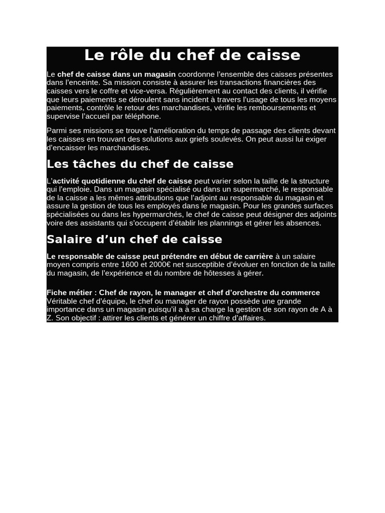 Rôle et compétences du chef de caisse | PDF | Commerce de détail ...