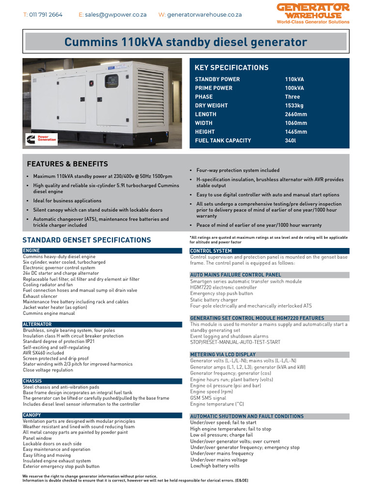 Cummins 100kva 3 Phase Specs | PDF | Diesel Engine | Electric Generator