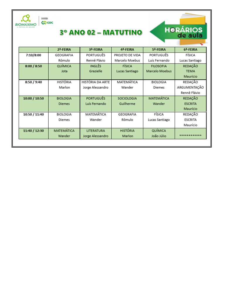 Horário 3º ANO 02 - Matutino | PDF