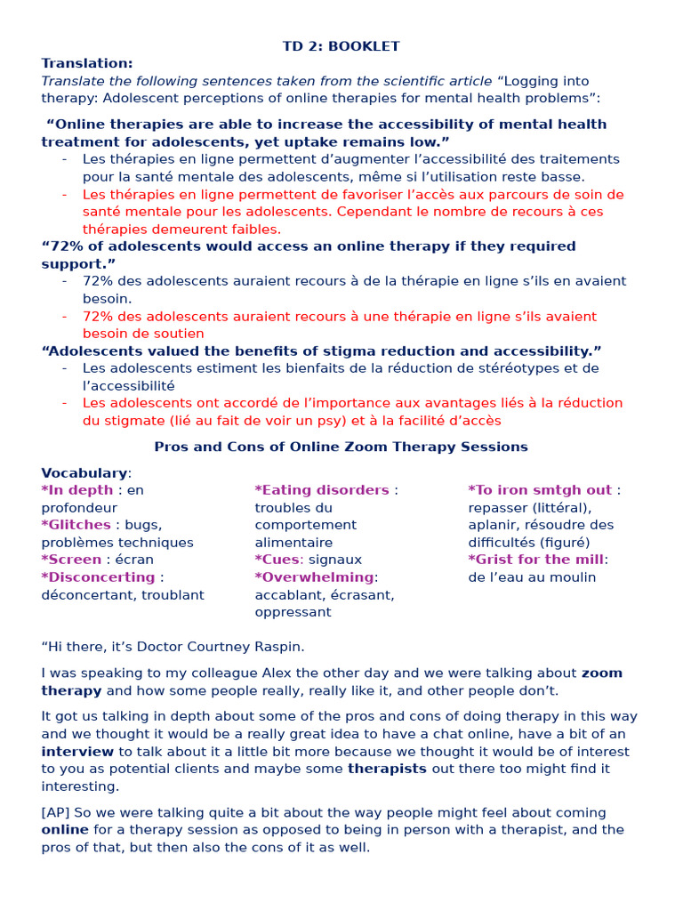 TD2 anglais | PDF | Cognitive Behavioral Therapy | Psychotherapy
