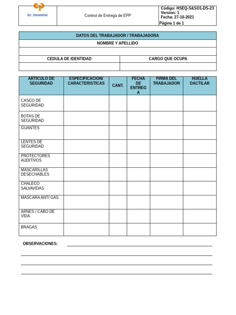 Control de Entrega de EPP Laboral | PDF