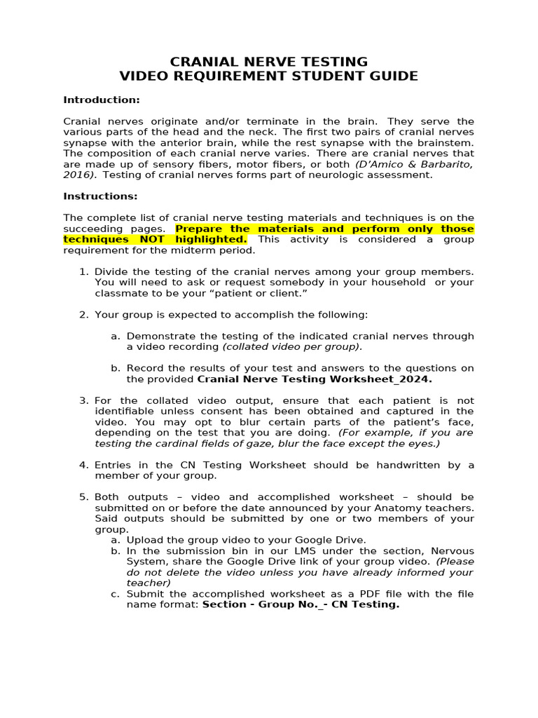 Cranial Nerve Testing Student Guide and Rubric | PDF | Neuroscience ...