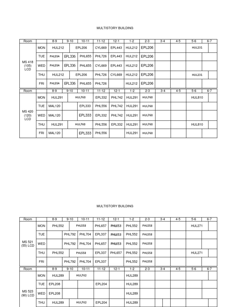 Multistory Building Room Schedule | PDF | Media Technology | Optics