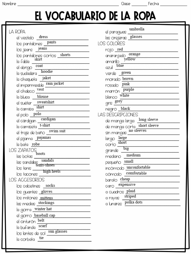 Vocabulario Esencial de Ropa y Accesorios | PDF