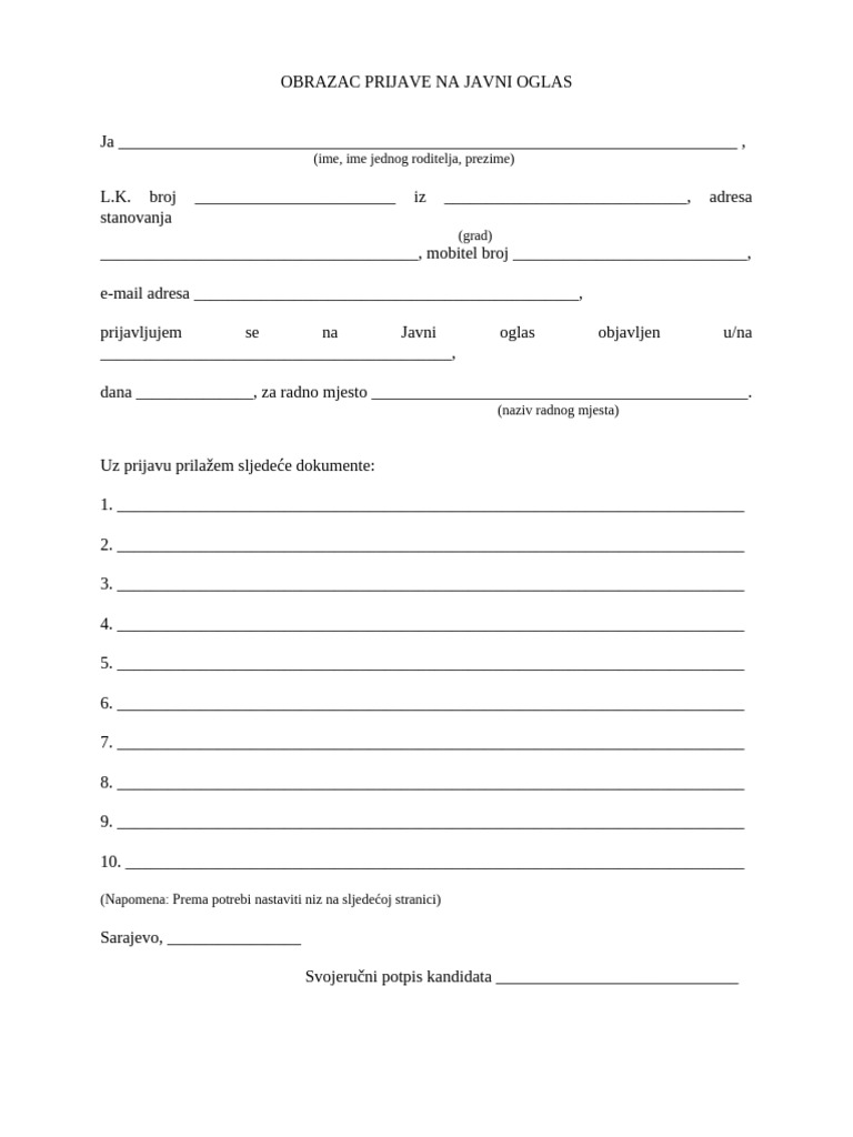 Obrazac Prijave Na Javni Oglas | PDF