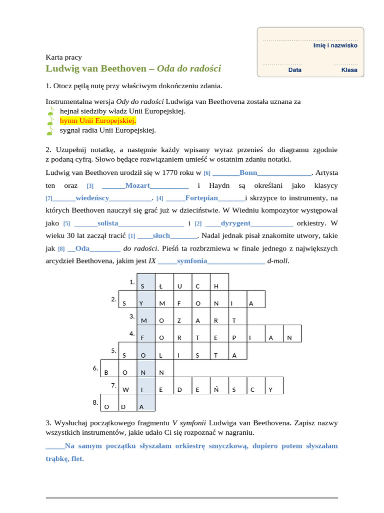 Karta Pracy 12 Ludwig Van Beethoven Oda Do Radosci | PDF